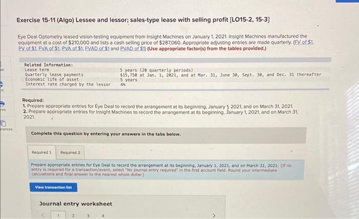 Solved Exercise 15-11 (Algo) Lessee and lessor; sales-type | Chegg.com