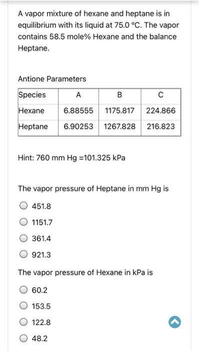 Solved A vapor mixture of hexane and heptane is in | Chegg.com