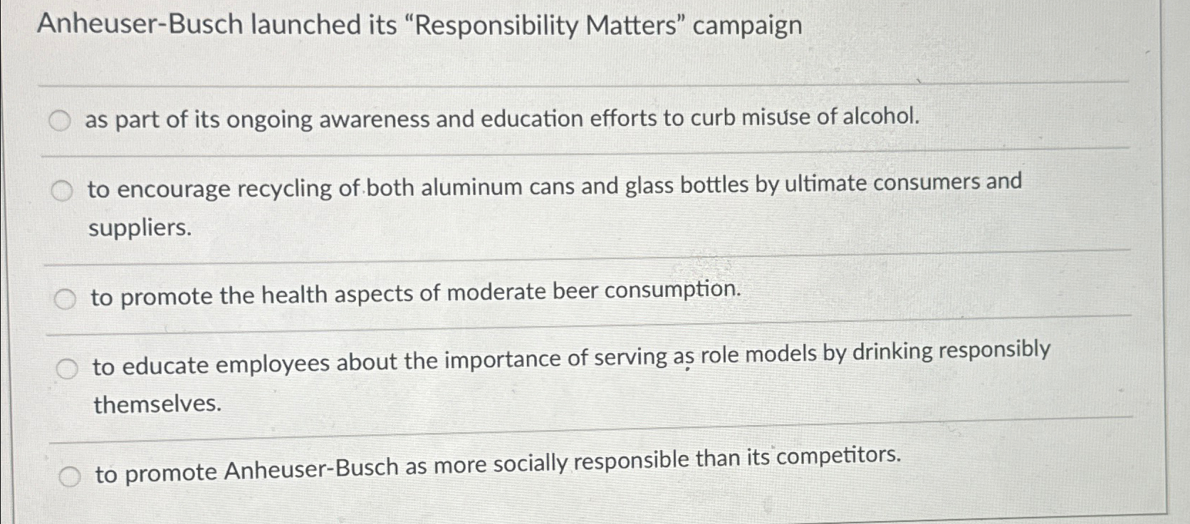 Solved Anheuser-Busch launched its "Responsibility Matters" | Chegg.com