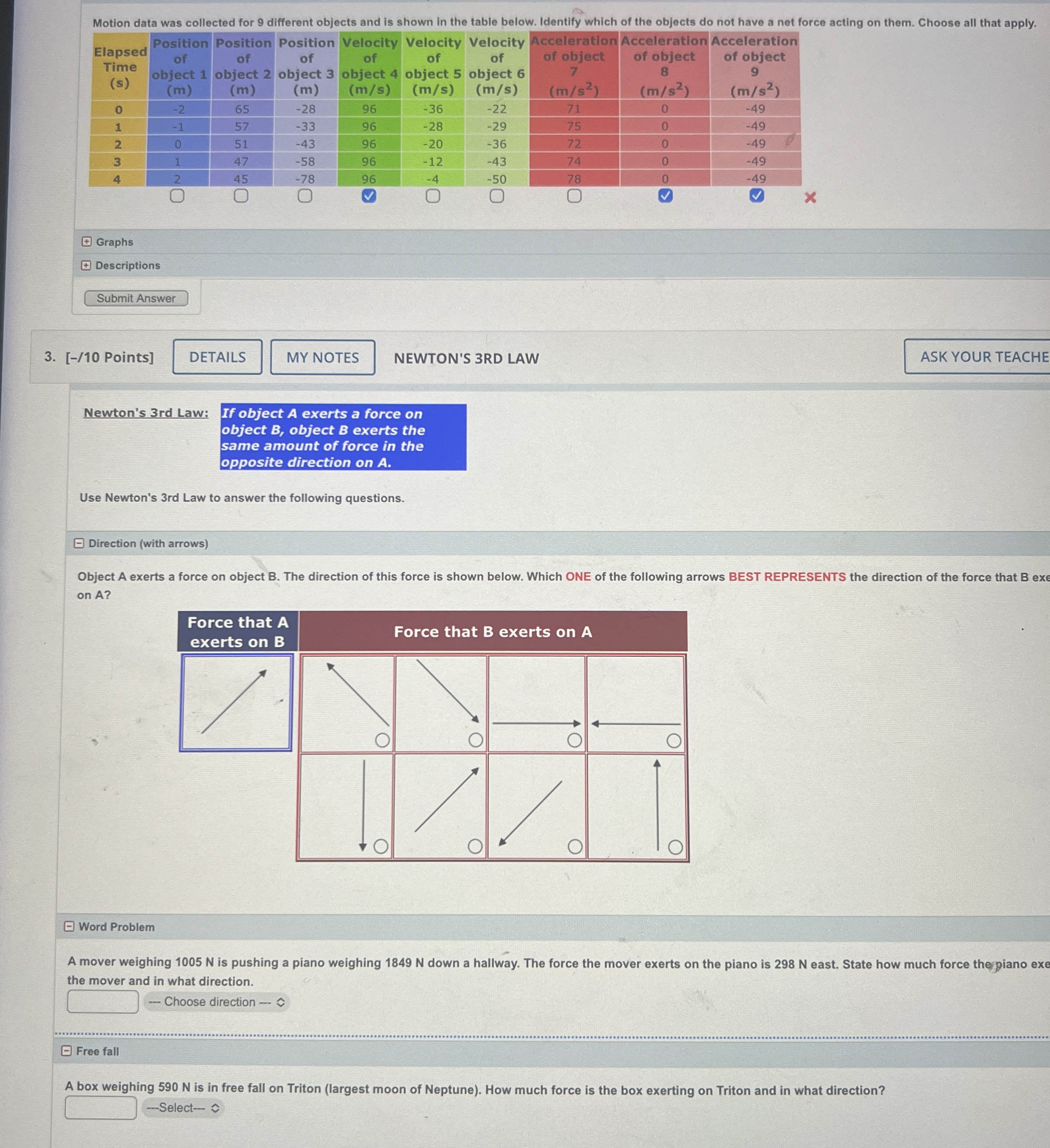 Solved Motion data was collected for 9 ﻿different objects | Chegg.com
