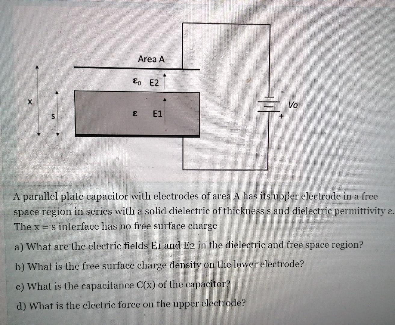 Solved Area A Eo E2 Vo E E1 A parallel plate capacitor with | Chegg.com