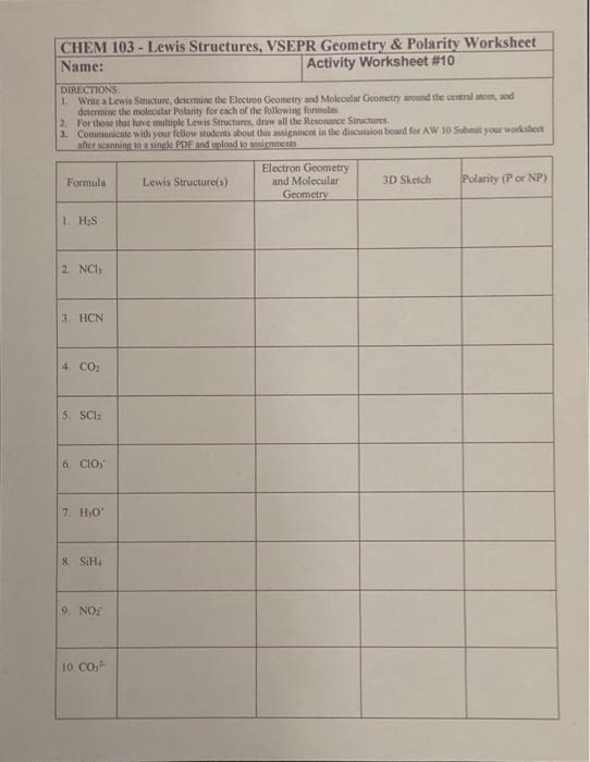 Solved CHEM 103 - Lewis Structures, VSEPR Geometry & | Chegg.com