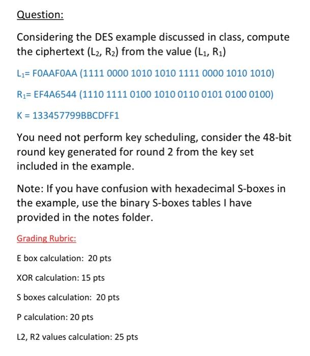 Solved Question: Considering the DES example discussed in | Chegg.com