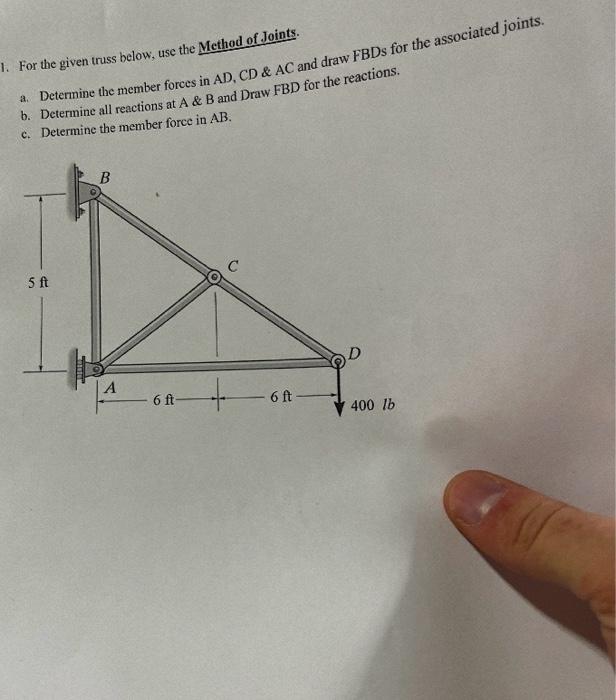 Solved 1. For the given truss below, use the Method of | Chegg.com