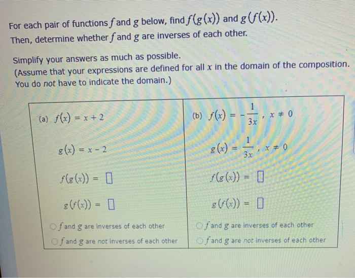 Solved For each pair of functions f and g below, find | Chegg.com
