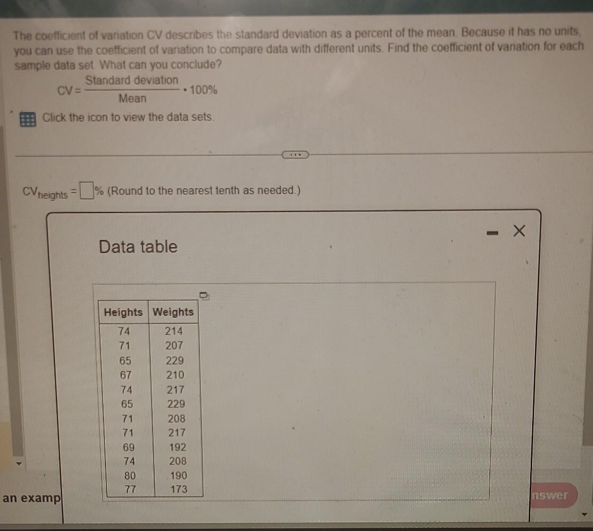 Solved The coefficient of variation CV describes the | Chegg.com