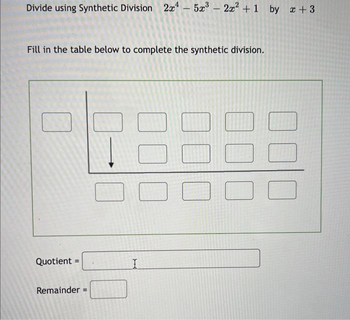 Solved Divide using Synthetic Division 2x4−5x3−2x2+1 by x+3 | Chegg.com
