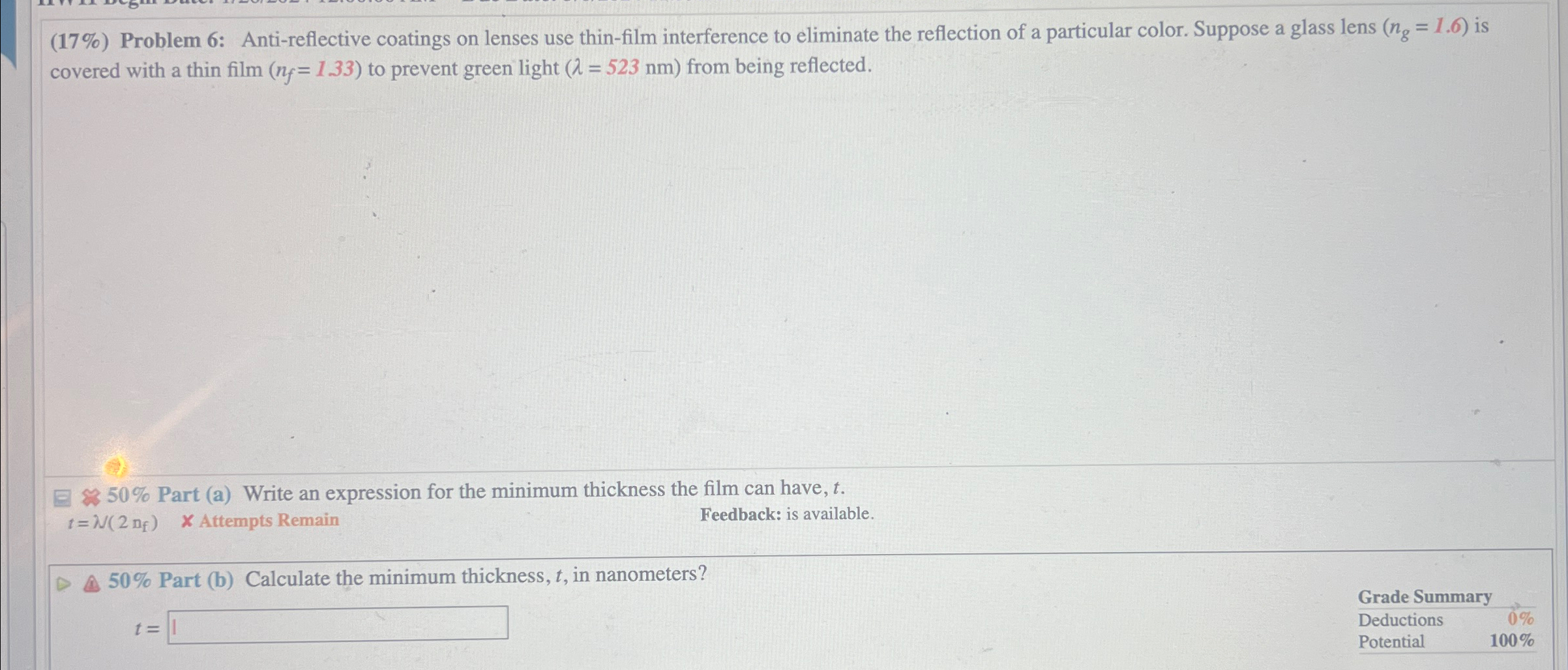 Solved (17%) ﻿Problem 6: Anti-reflective coatings on lenses | Chegg.com