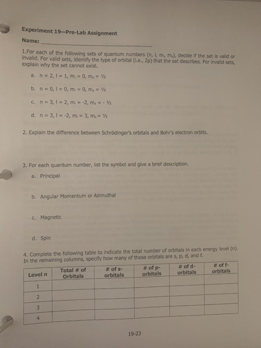 Solved Experiment 19-Pre-Lab Assignment Name: 1.For each of | Chegg.com