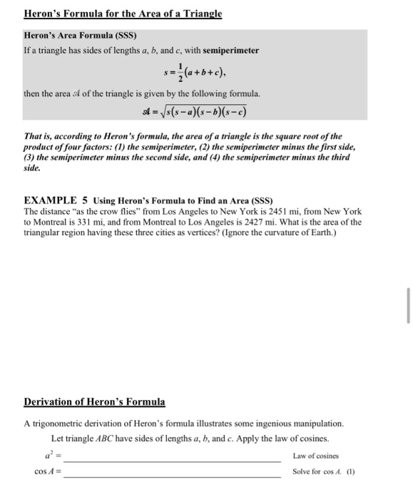 Solved Heron's Formula for the Area of a Triangle Heron's | Chegg.com