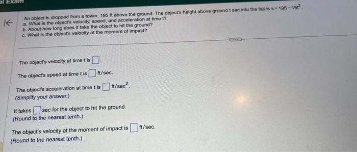 Solved An object is dropped from a tower, 195f above the | Chegg.com