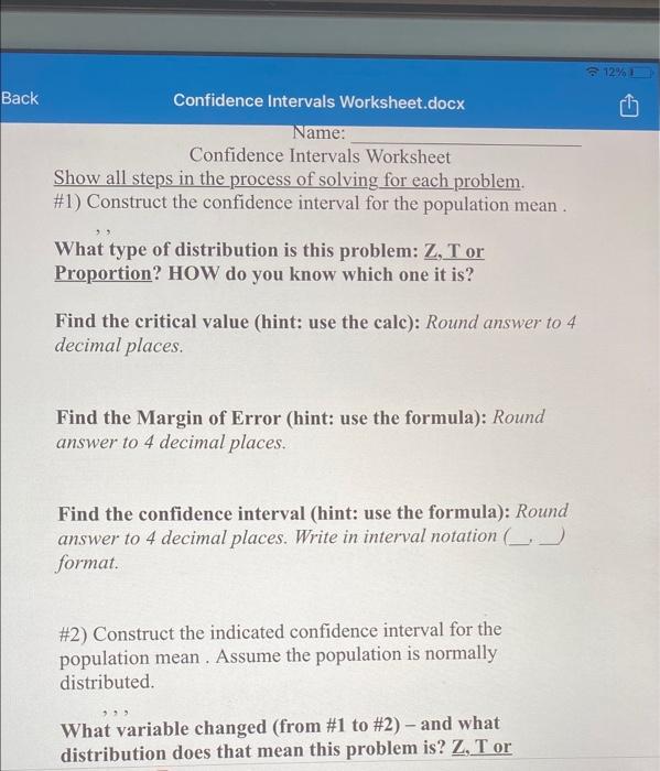 Solved Back Confidence Intervals Worksheet.docx Name: | Chegg.com