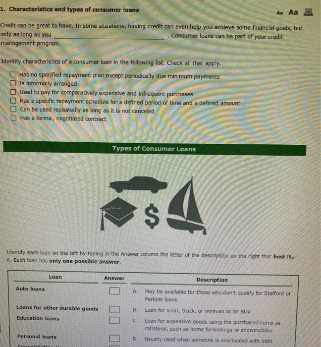 Solved 1. Characteristics and types of consumer loans Aa Aa | Chegg.com