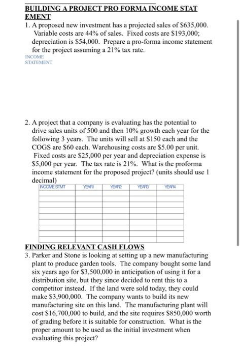 Solved BUILDING A PROJECT PRO FORMA INCOME STAT EMENT 1. A | Chegg.com