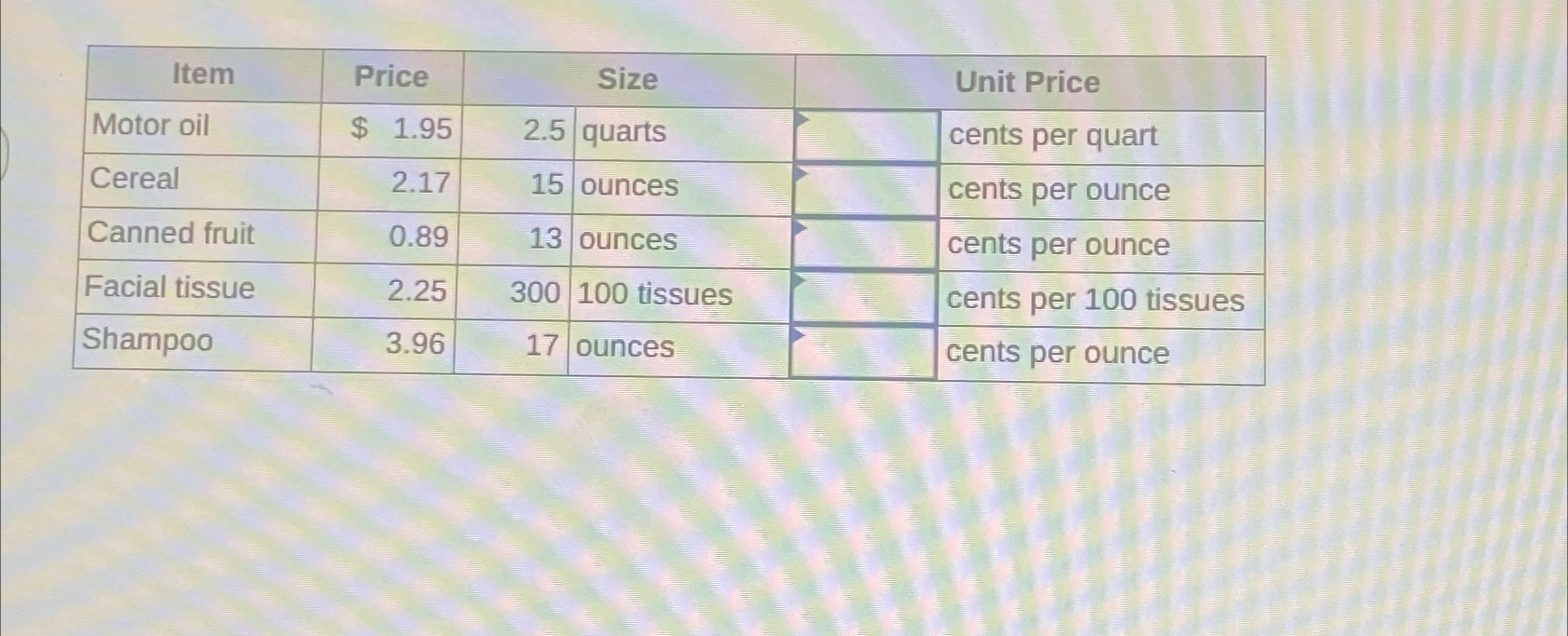 Solved \table[[Item,Price,Size,Unit Price],[Motor | Chegg.com