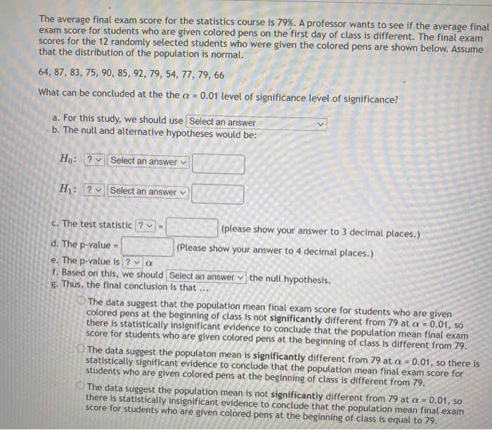 Solved The average final exam score for the statistics | Chegg.com