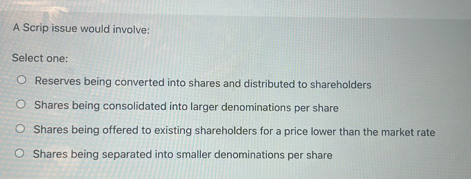 Solved A Scrip issue would involve:Select one:Reserves being | Chegg.com