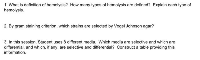 Solved 1. What is definition of hemolysis? How many types of | Chegg.com