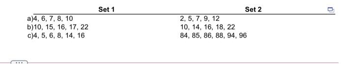 Solved Set 1 a)4, 6, 7, 8, 10 b)10, 15, 16, 17, 22 c)4, 5, | Chegg.com