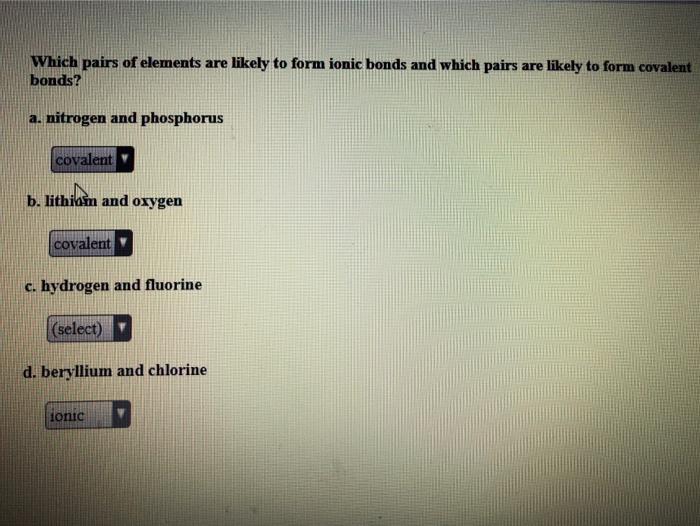 Solved Which pairs of elements are likely to form ionic | Chegg.com