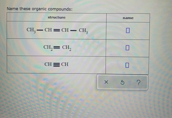 Solved Name these organic compounds: structure name CH, — | Chegg.com