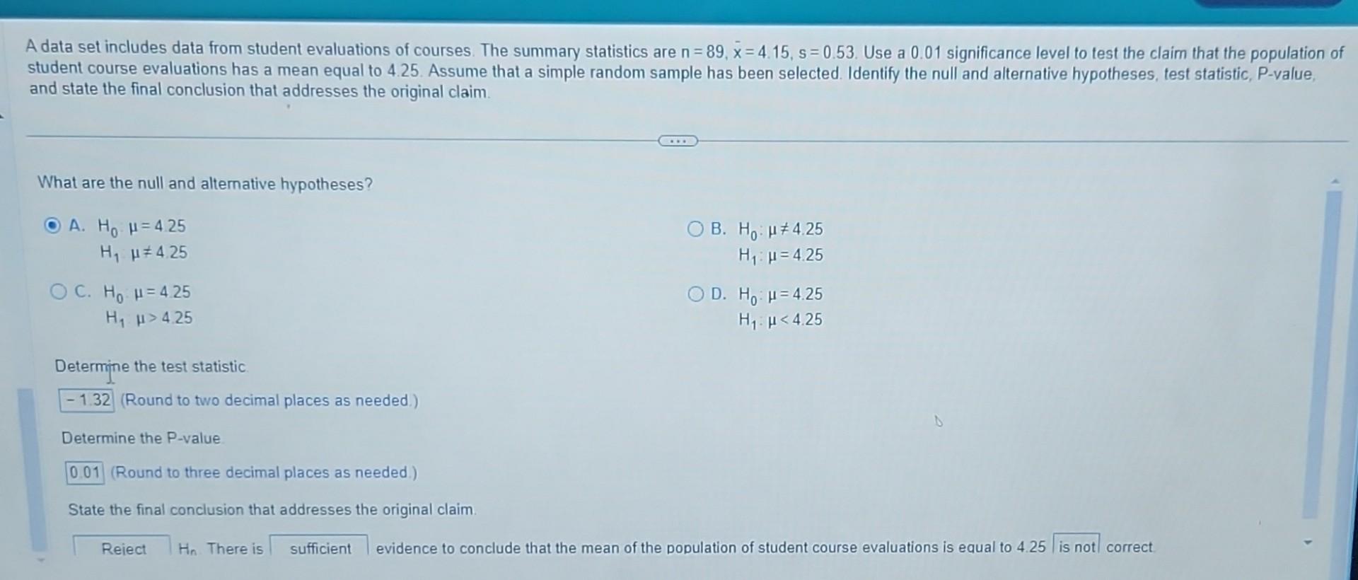 Solved A data set includes data from student evaluations of | Chegg.com