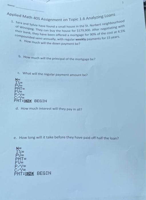 Solved Name: on Topic 1.6 Analyzing Loans Applied Math 40S | Chegg.com