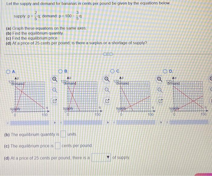 Solved Let the supply and demand for bananas in cents per | Chegg.com