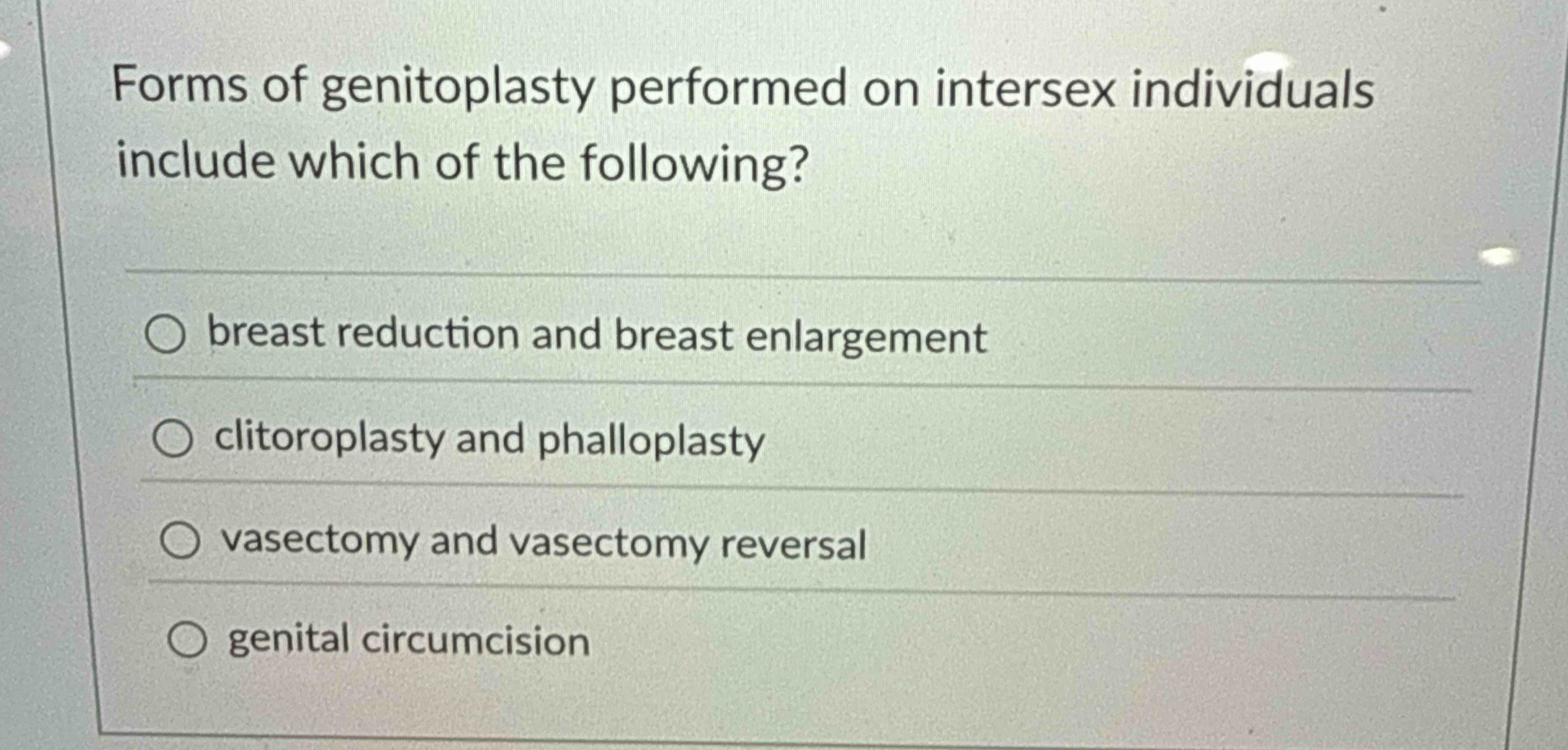 Forms of genitoplasty performed on intersex | Chegg.com