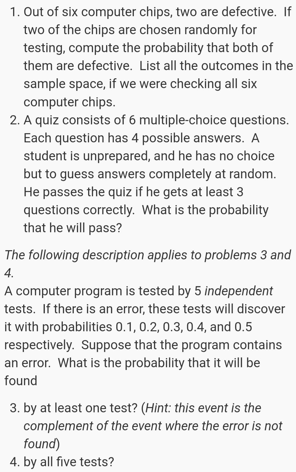 Solved 1. Out of six computer chips, two are defective. If | Chegg.com