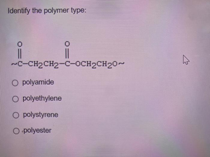 Solved Identify the polymer type: polyamide polyethylene | Chegg.com