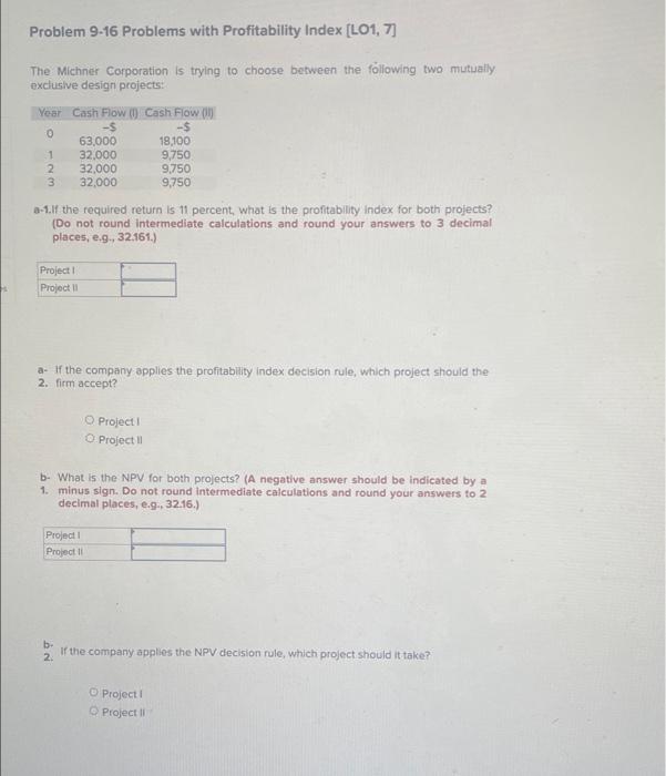 Solved Problem 9-16 Problems with Profitability Index (L01, | Chegg.com