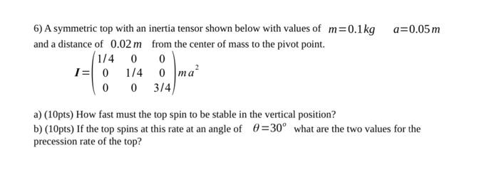 Solved 6) A symmetric top with an inertia tensor shown below | Chegg.com