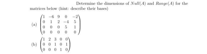 Solved Determine the dimensions of Null(A) and Range(A) for | Chegg.com