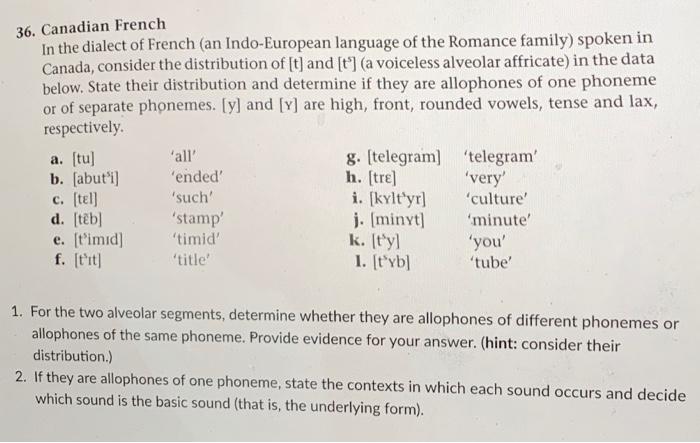 36. Canadian French In the dialect of French (an | Chegg.com