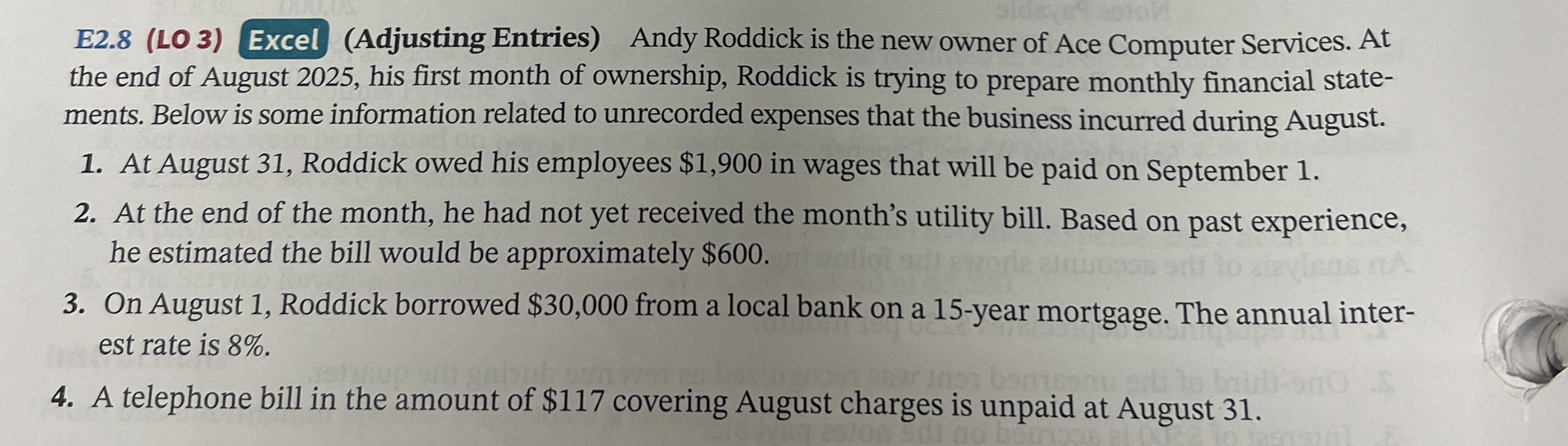 Solved E2.8 (LO 3) ﻿Excel (Adjusting Entries) ﻿Andy Roddick | Chegg.com