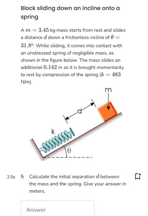 Solved Block Sliding Down An Incline Onto A Spring A M 3 45