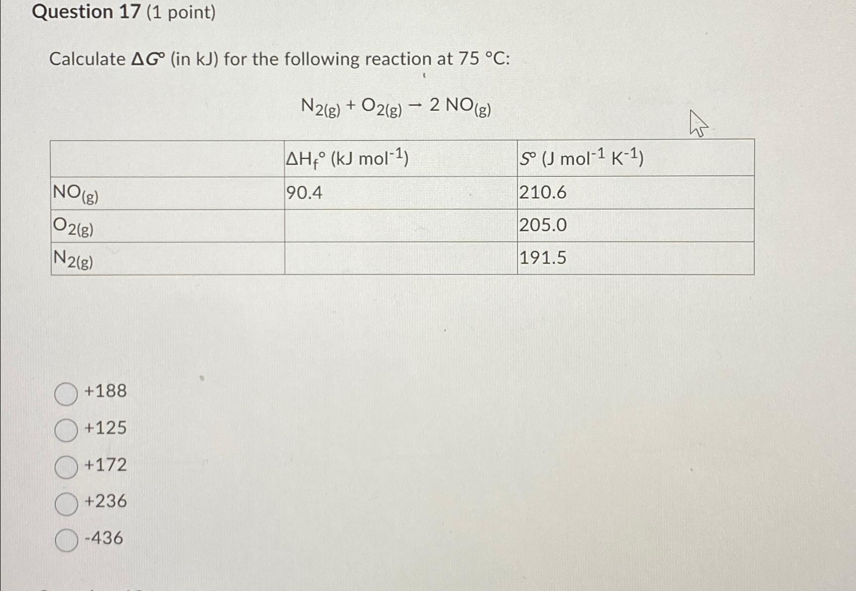 Solved Question 17 (1 ﻿point)Calculate ΔG° (in kJ ) ﻿for the | Chegg.com