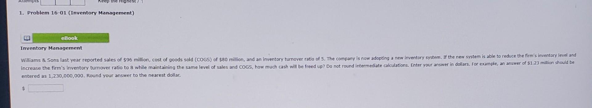 Solved 1. Problem 16-01 (Inventory Management) Inventory | Chegg.com