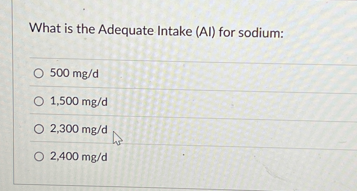 High Quality SOLUTION What is the Adequate Intake (AI) ﻿for sodium:500 ...