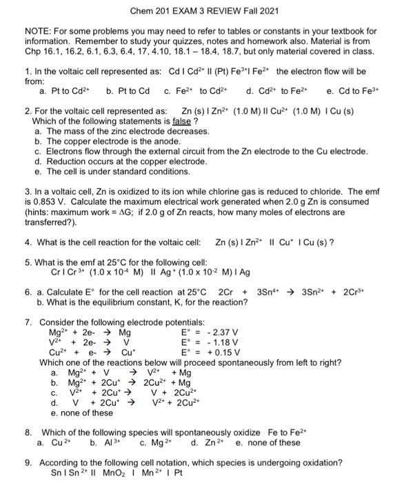 Solved : Chem 201 EXAM 3 REVIEW Fall 2021 NOTE: For some | Chegg.com