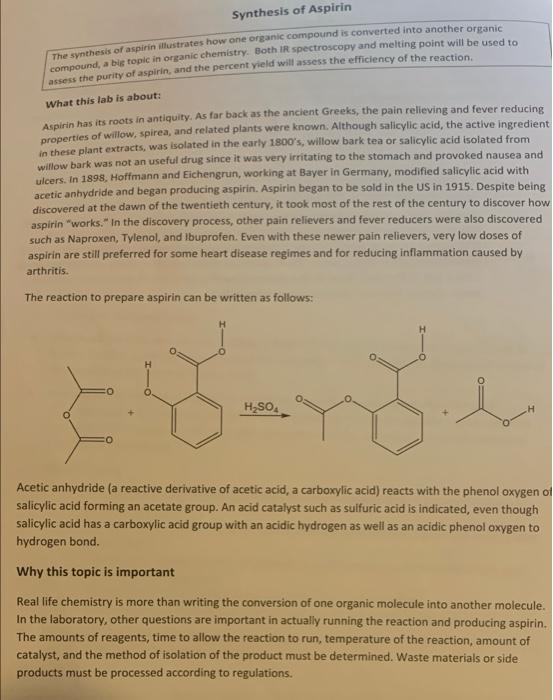 Solved Synthesis of Aspirin The synthesis of aspirin | Chegg.com