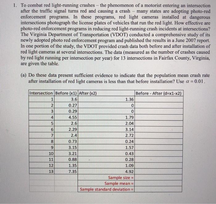 Solved 1. To combat red light-running crashes - the | Chegg.com