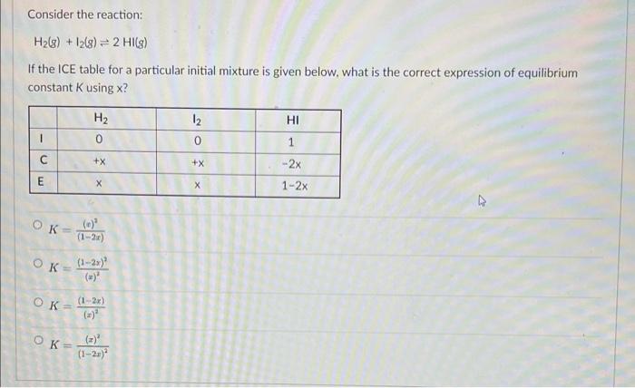 Solved Consider the reaction: H2( g)+I2( g)⇌2HI(g) If the | Chegg.com