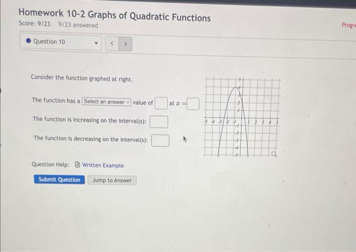 Homework 10-2 Graphs of Quadratic Functions Score: | Chegg.com
