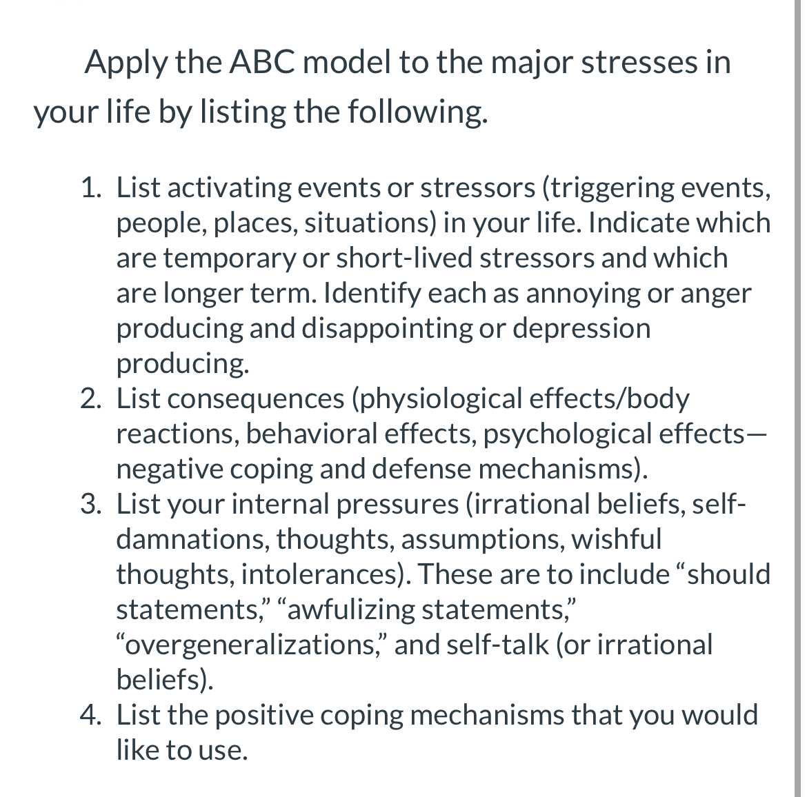 Solved Apply the ABC model to the major stresses in your | Chegg.com