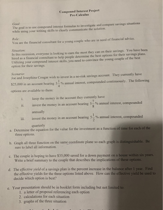 Solved Compound Interest Project Pre-Calculus Goal: The goal | Chegg.com