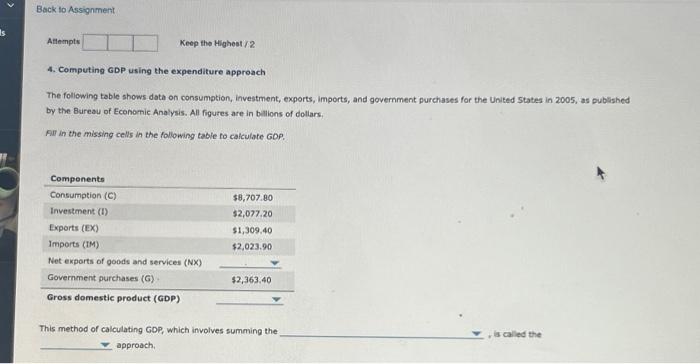 Solved S Back to Assignment Attempts 4. Computing GDP using | Chegg.com