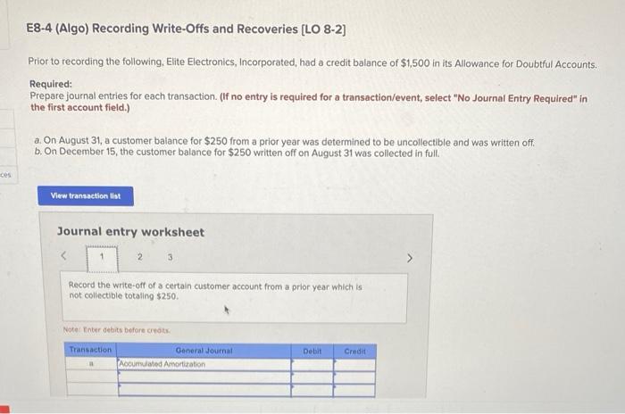 Solved E8-4 (Algo) Recording Write-Offs and Recoveries [LO | Chegg.com