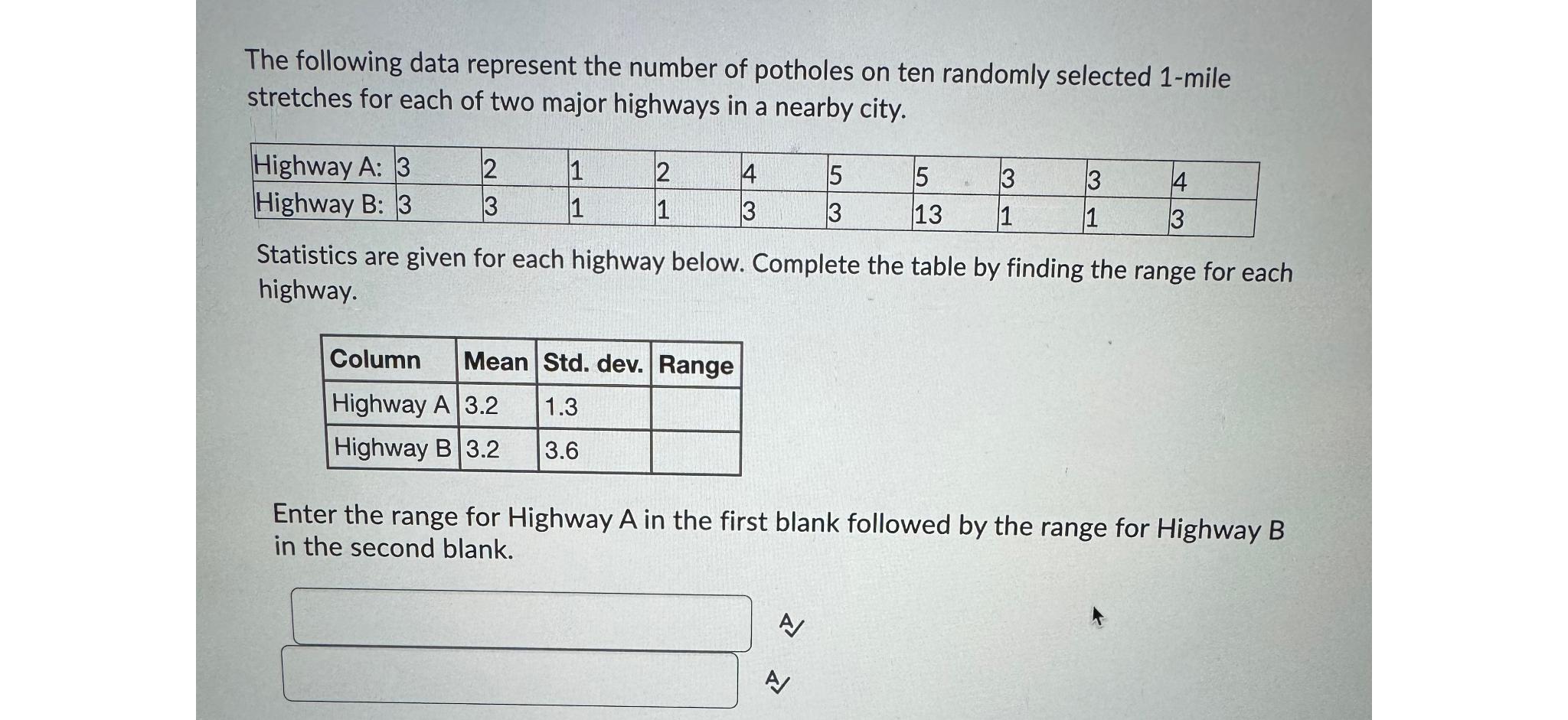 Solved The following data represent the number of potholes | Chegg.com